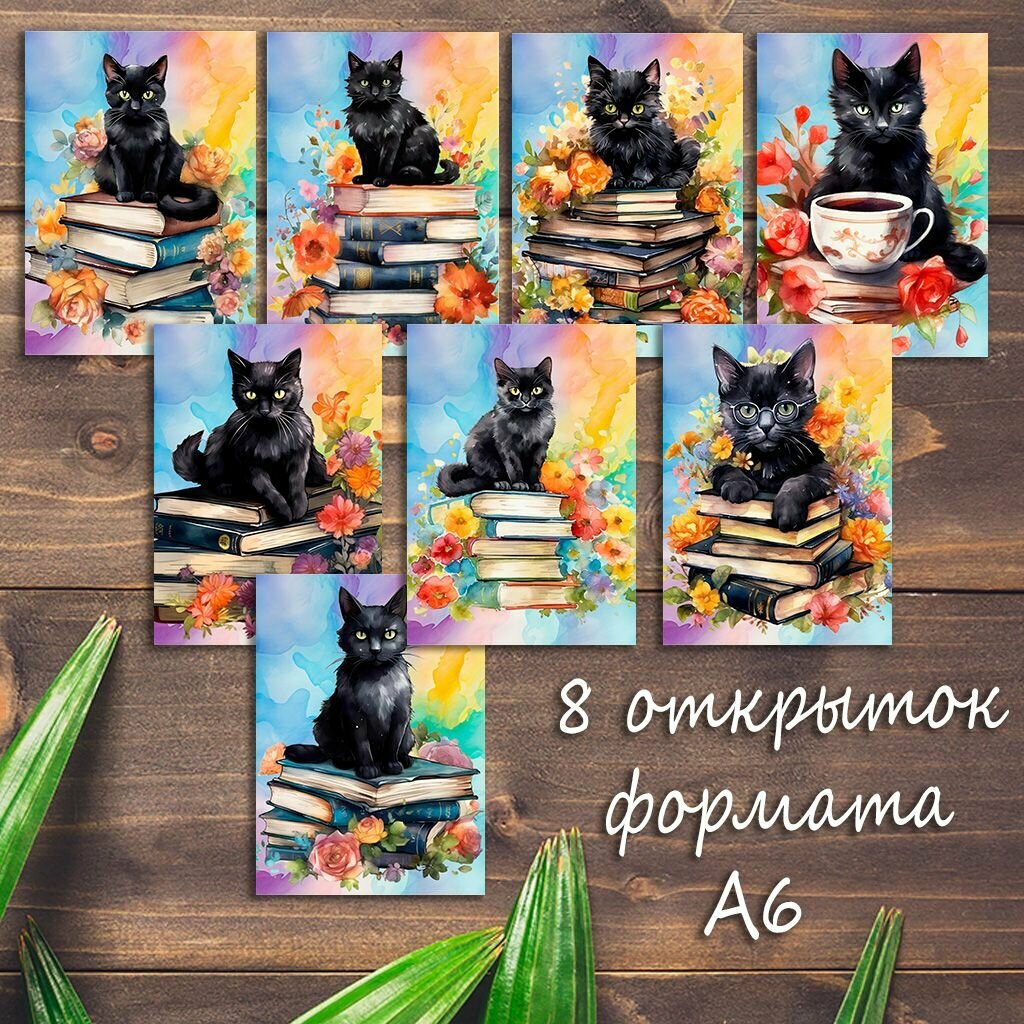 Большой набор открыток Чёрный кот и книги, 8 штук