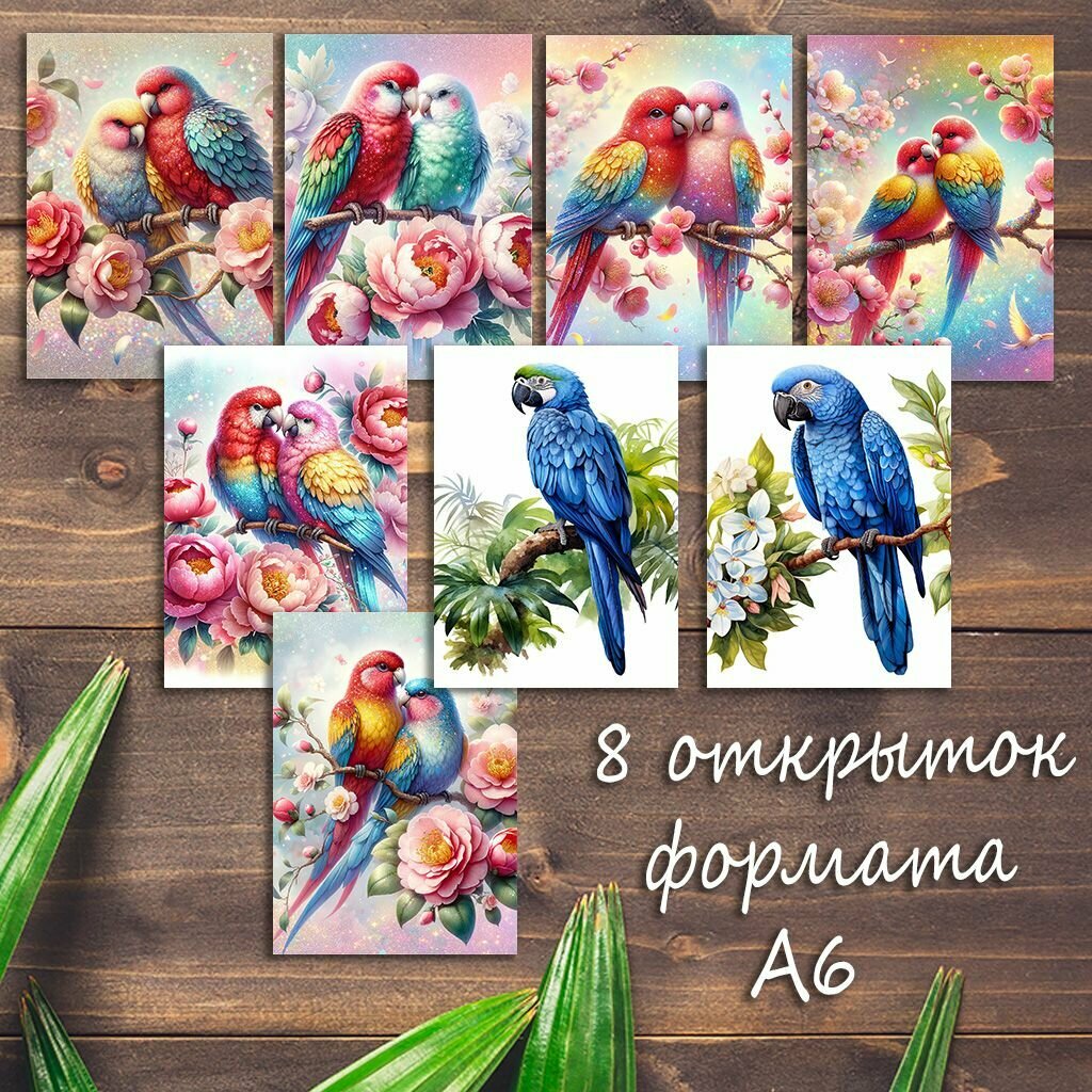 Большой набор открыток Попугаи, 8 штук