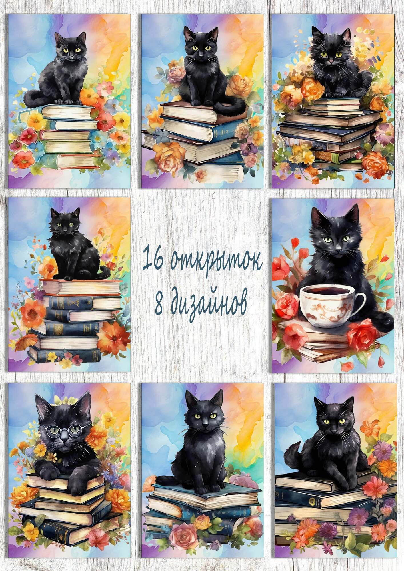Открытки Черный кот и книги, 16 штук