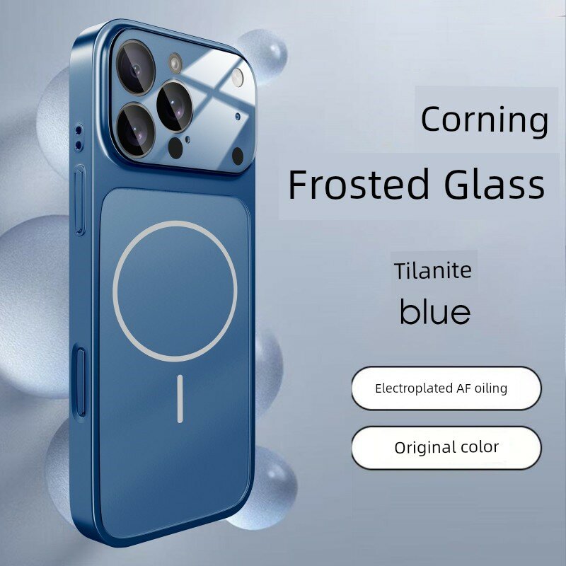 Чехол для iPhone 17 Pro из матового стекла с полным покрытием камеры и магнитной фиксацией - титаново-синий