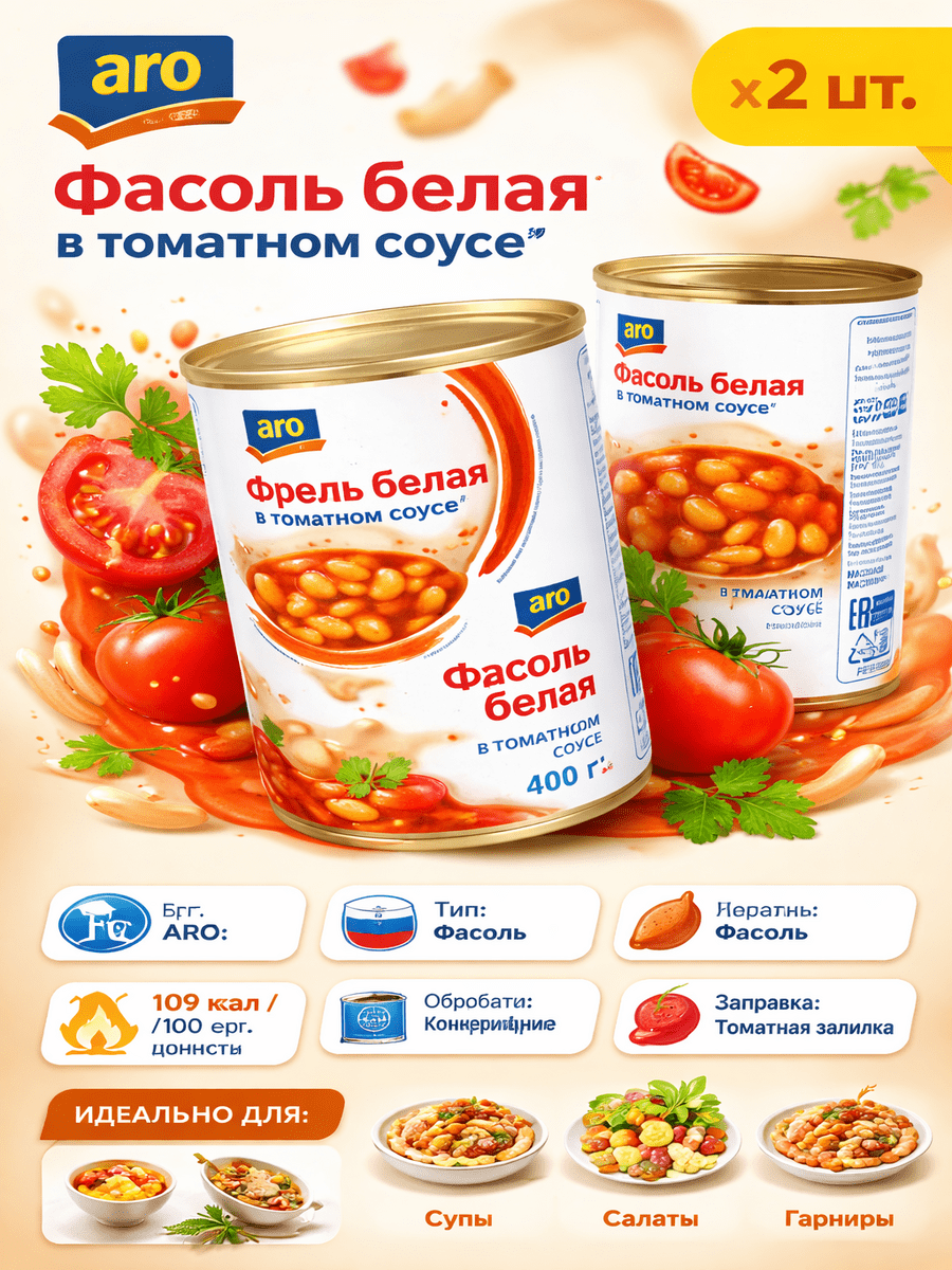 Aro Фасоль белая в томатном соусе, 400г x 2 упаковки
