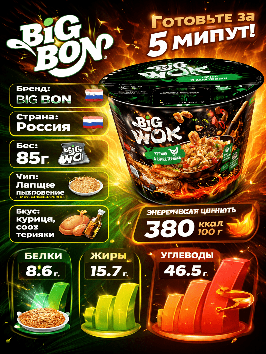 Лапша быстрого приготовления Big Bon курица-соус терияки Wok, 85г