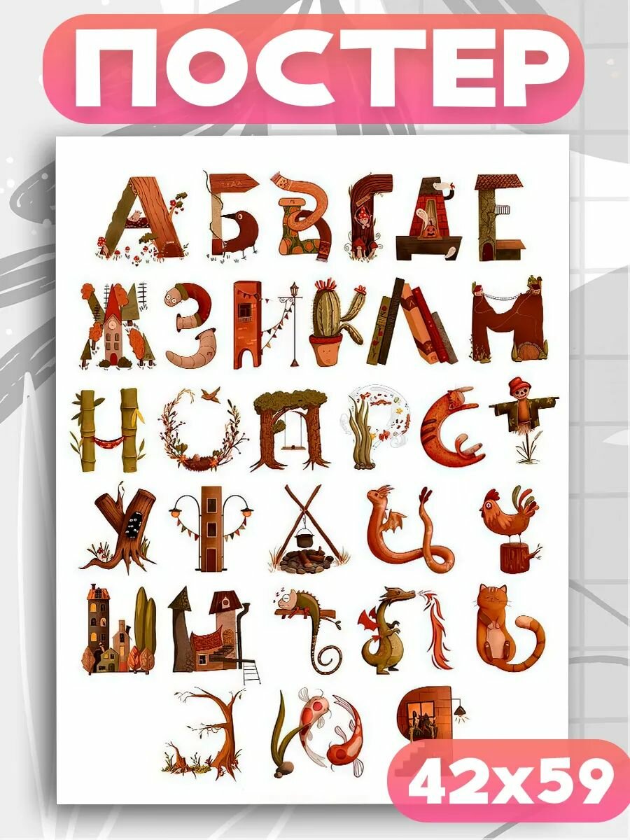 Постеры на стену в детскую комнату Алфавит , плакат 1шт, А2 размер.