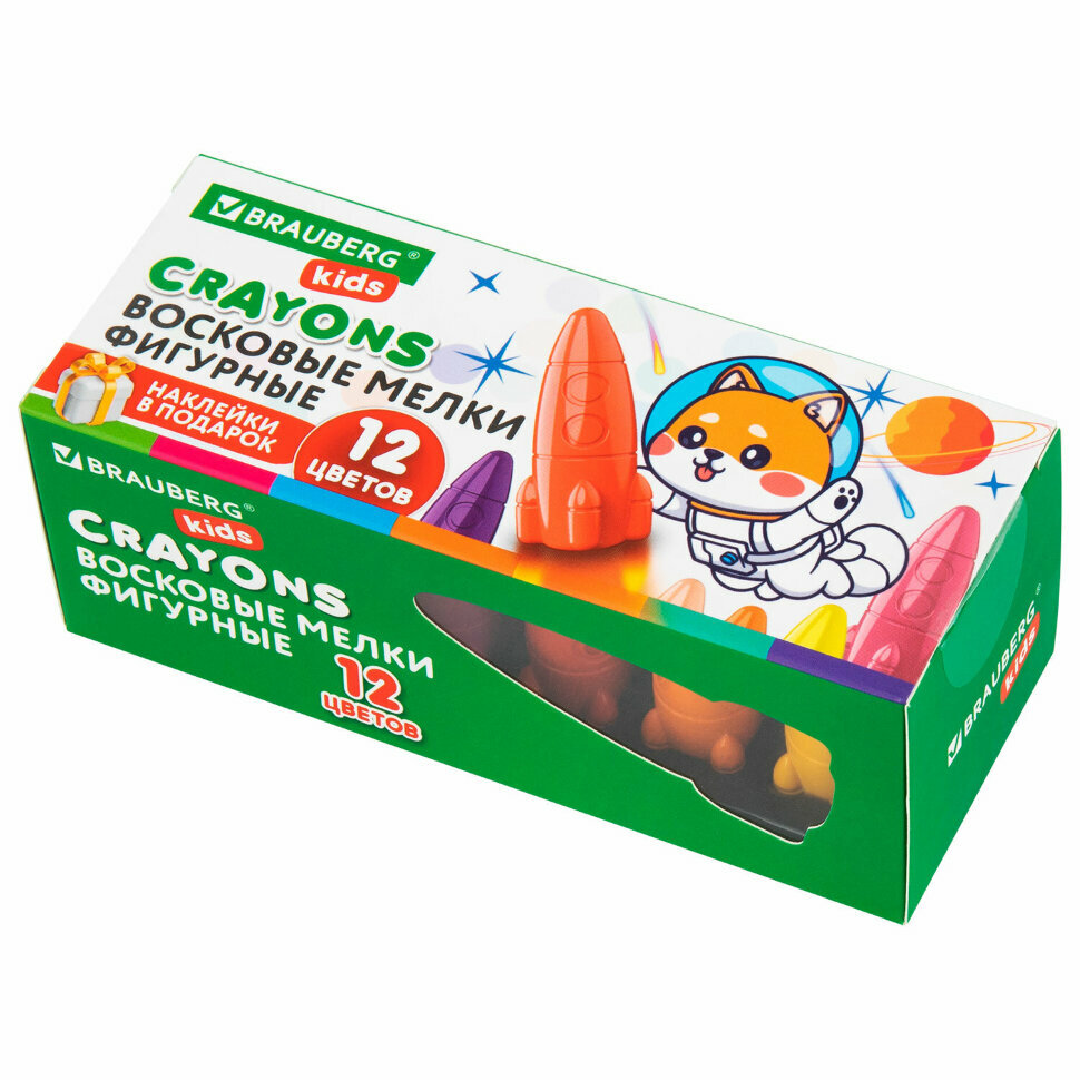 Восковые мелки фигурные BRAUBERG KIDS "ракета", набор 12 цветов + наклейки В подарок, 273082, 273082