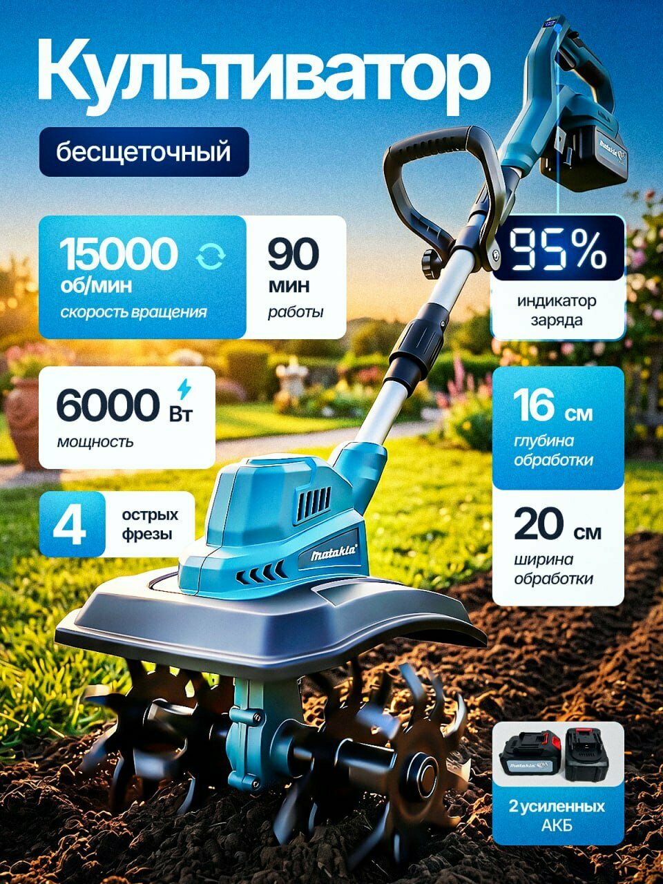 Бесщеточный Культиватор Аккумуляторный садовый 15010 об/мин в комплекте 4 фрезы