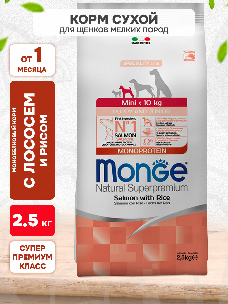 Корм сухой Monge Speciality Monoprotein Mini Puppy & Junior Salmon монобелковый для щенков маленьких пород, лосось, рис, 2,5 кг