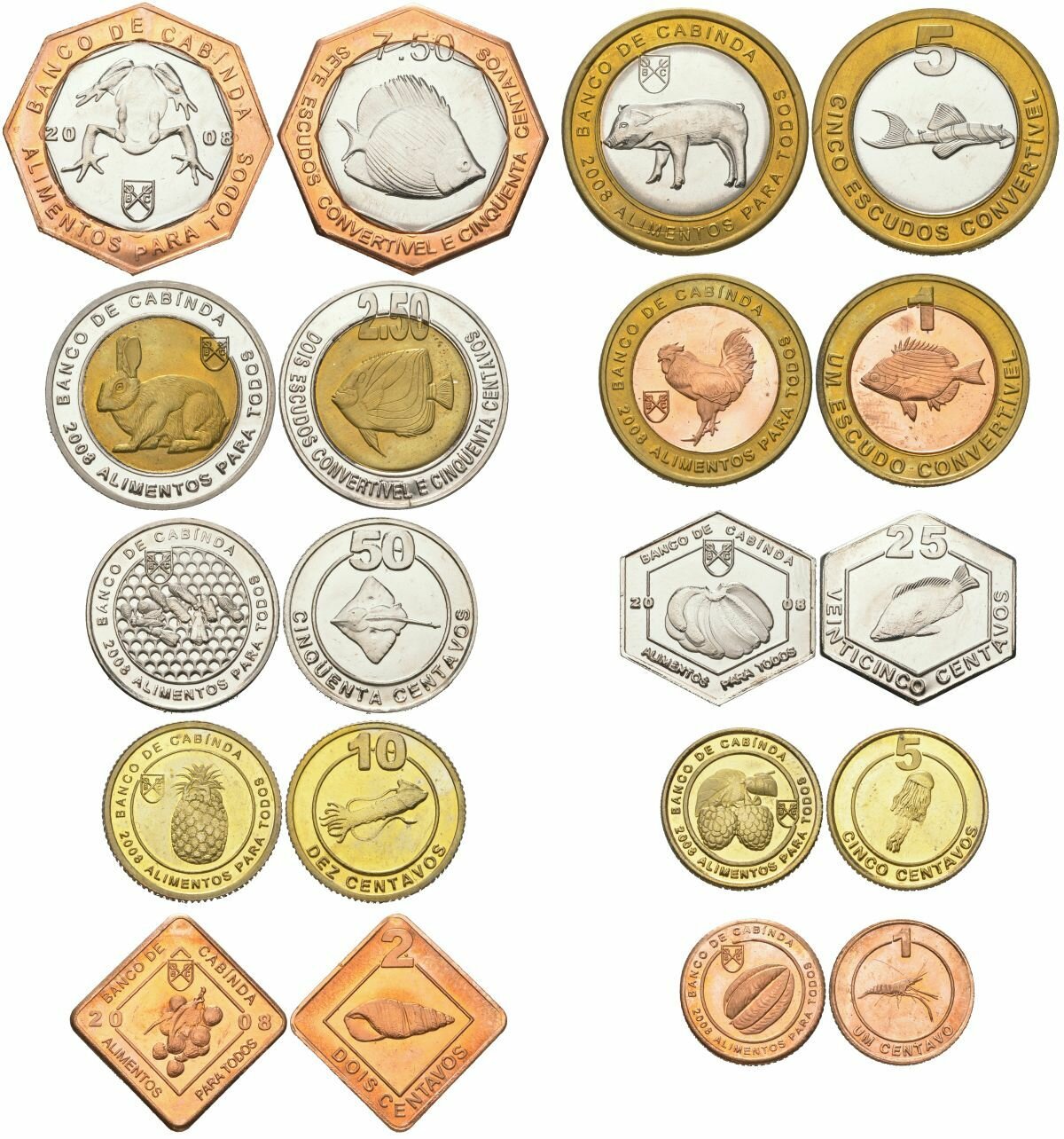 2008 10 монет 7.5 5 2.5 1 эскудо 50 25 10 5 2 1 аво Набор Кабинда Флора и фауна UNC
