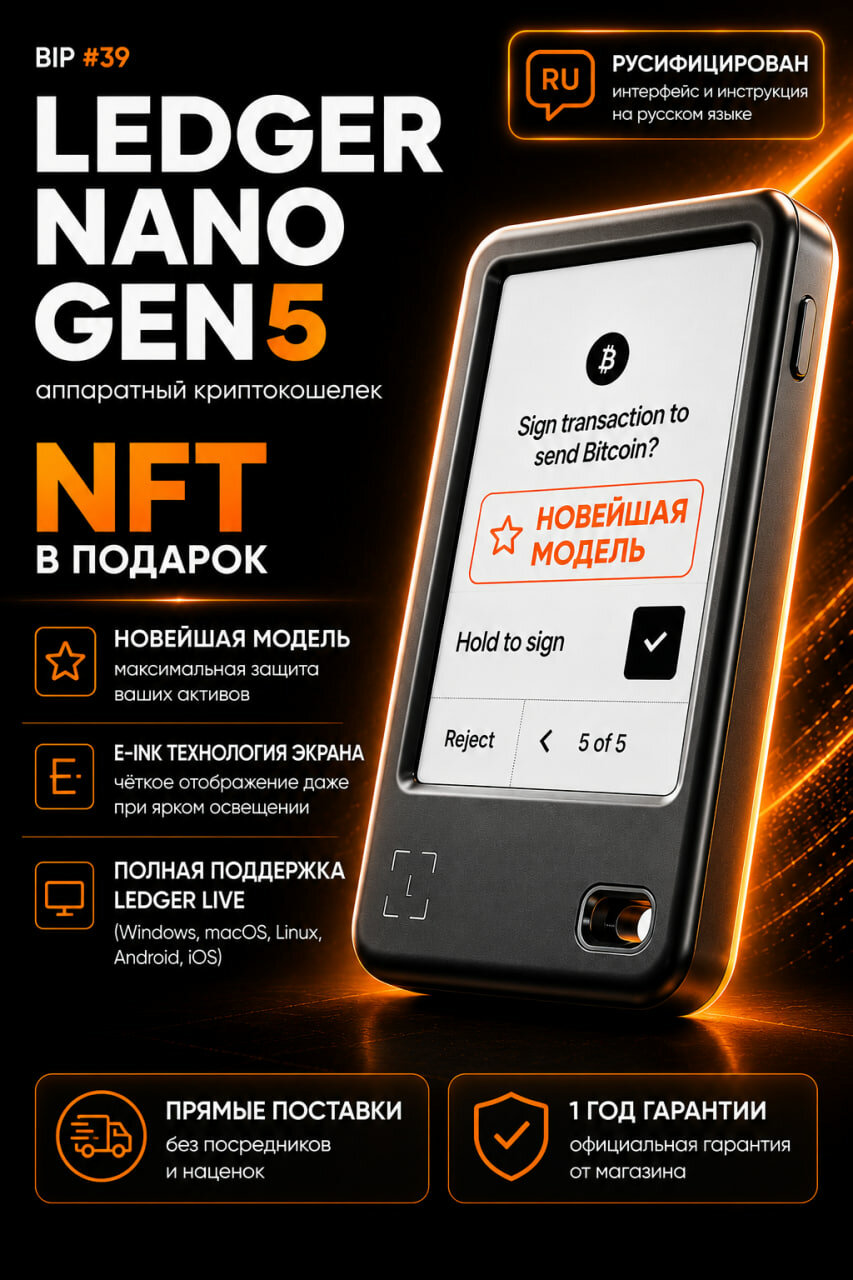 Аппаратный криптокошелек Ledger Nano Gen5 2026, новая модель на русском языке - холодный кошелек для криптовалют от официального реселлера BIP39