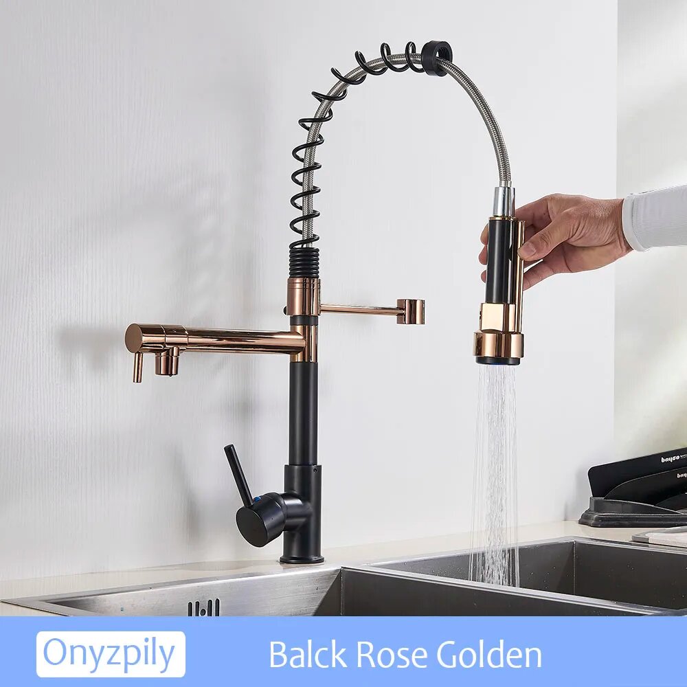 Кран для кухни Chrome Spring с подвижным дуалным выходом, 360° поворотным ручным душем, смесителем для кухни, горячей и холодной воды, 2 выходами, пружинными краном