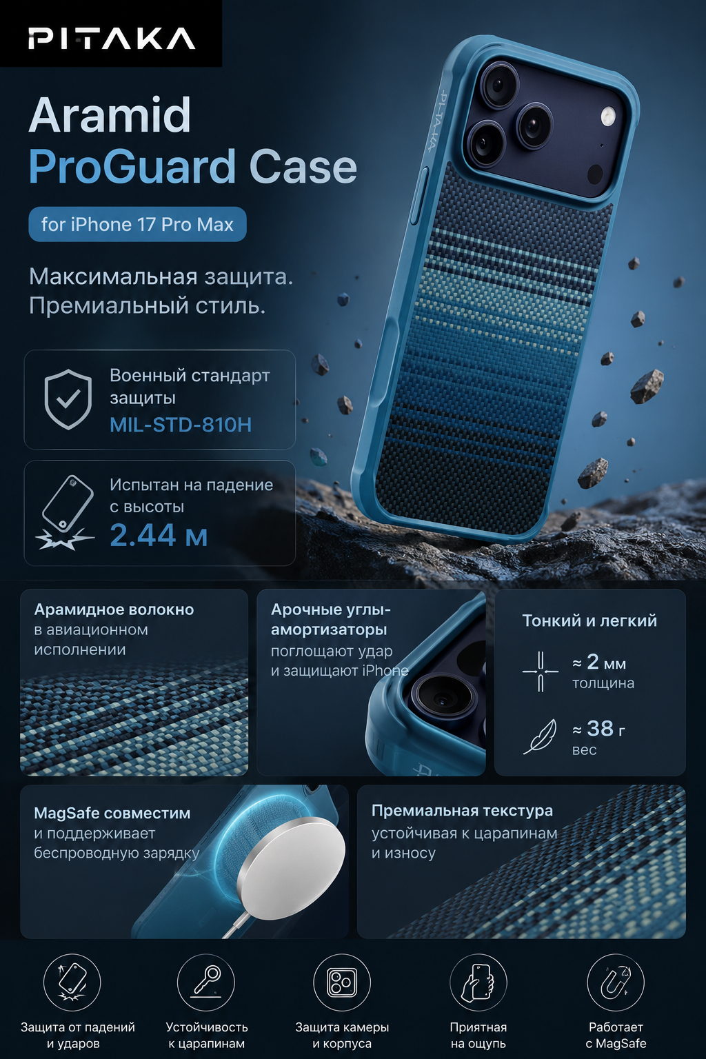 Чехол Pitaka Aramid ProGuard, для iPhone 17 Pro Max, цвет Moonrise
