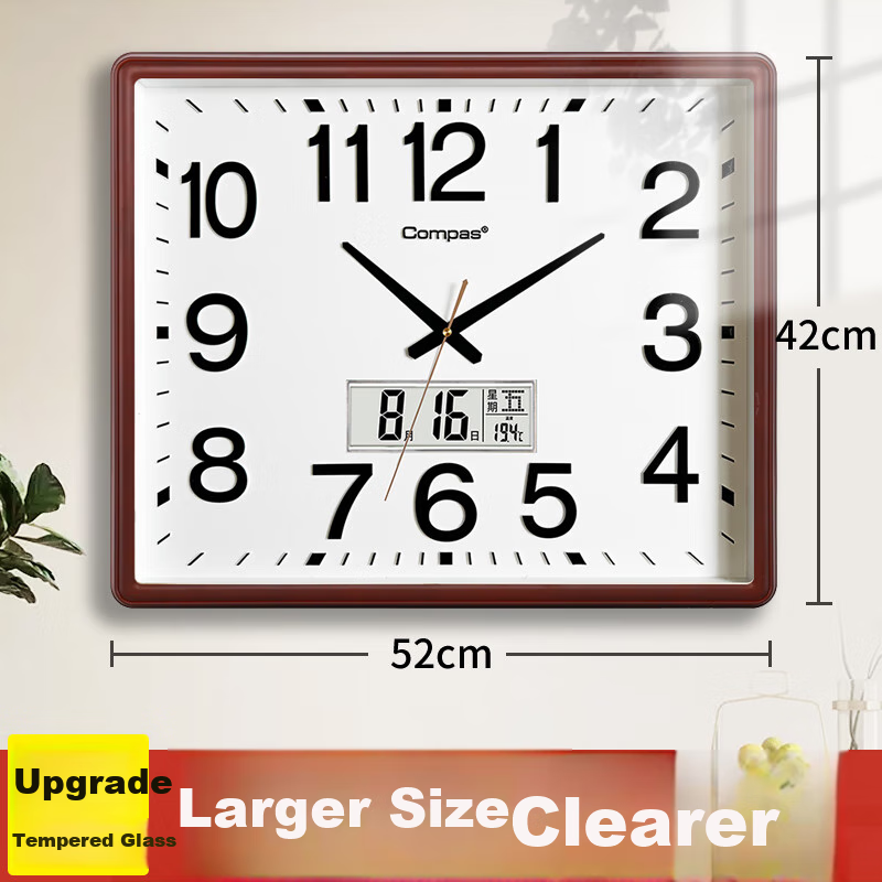 Compas (Compas) Wall Clock Living Room Clock 2024 New Quartz Clock Wall Clock 3443A Calendar Oak Color 52cm