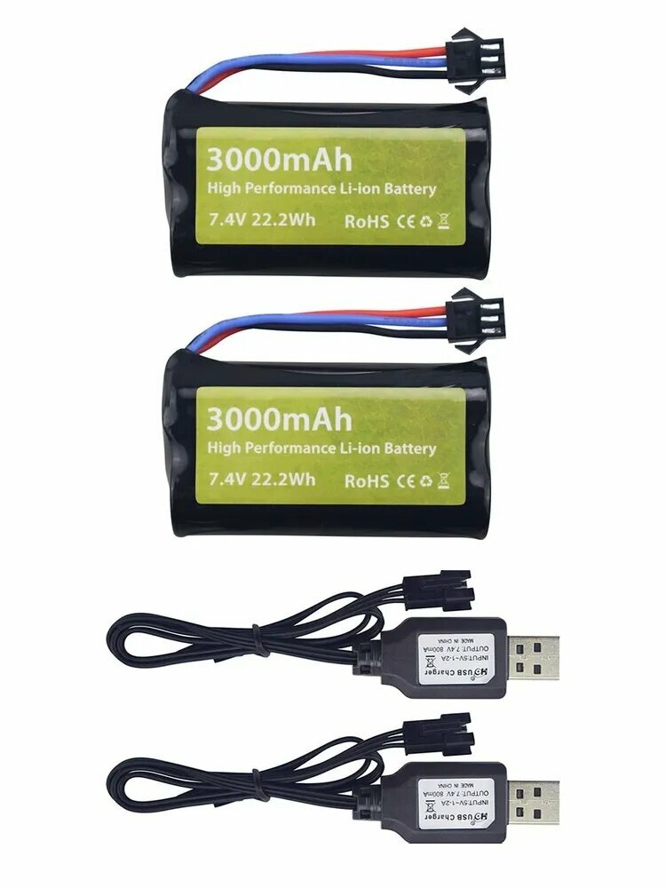 2 шт. литий-ионный аккумулятор 7,4В 3000мАч 15С 2S с разъемом SM-3P и USB-зарядное устройство, подходящие для радиоуправляемых игрушечных машин DE43, DE60, 9500E, Huina 1575.