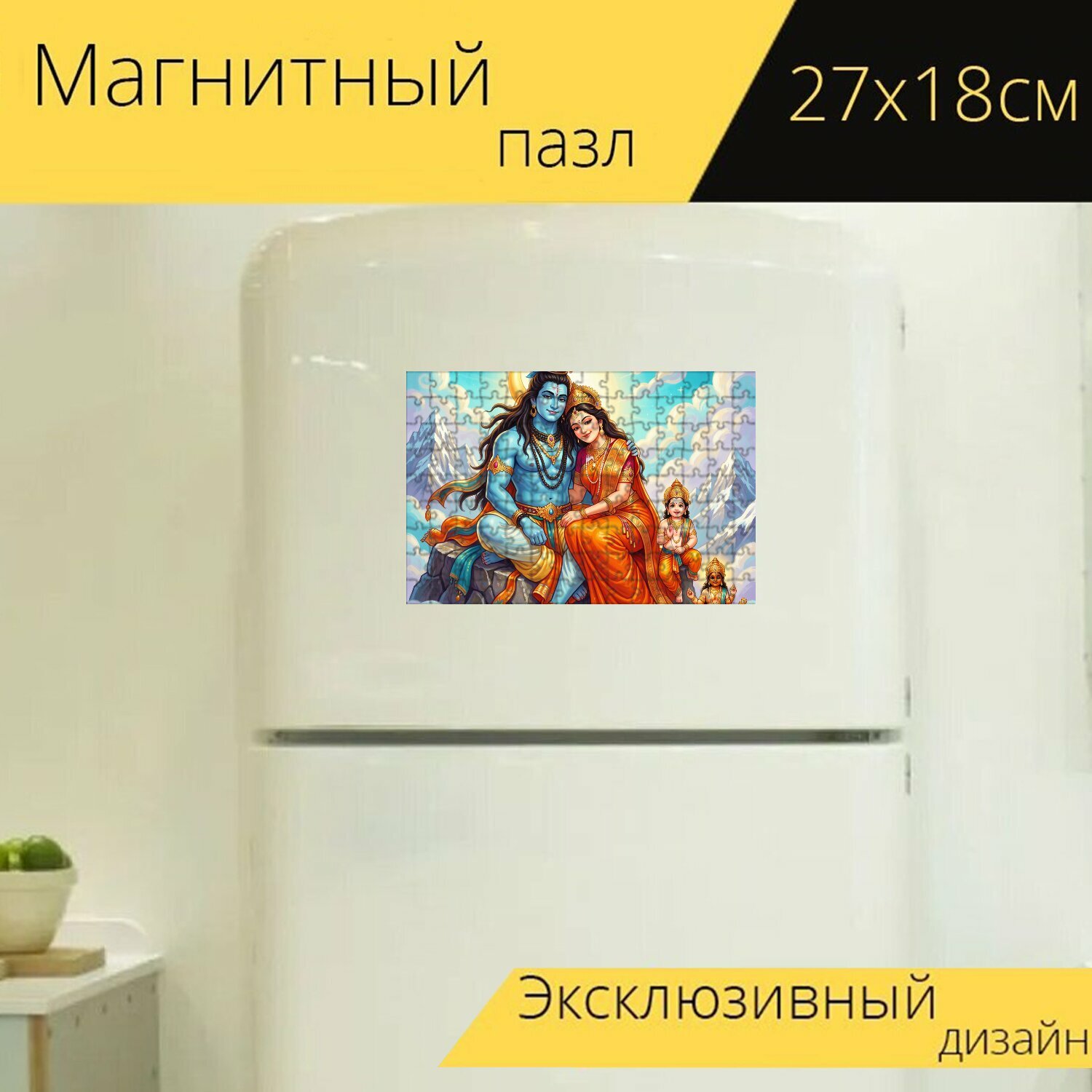 Магнитный пазл "Шива и Парвати в горах. Индийская мифологическая сцена: синекожий бог и богиня в ярких оранжевых одеждах сидят на скале среди облаков и." на холодильник 27 x 18 см.