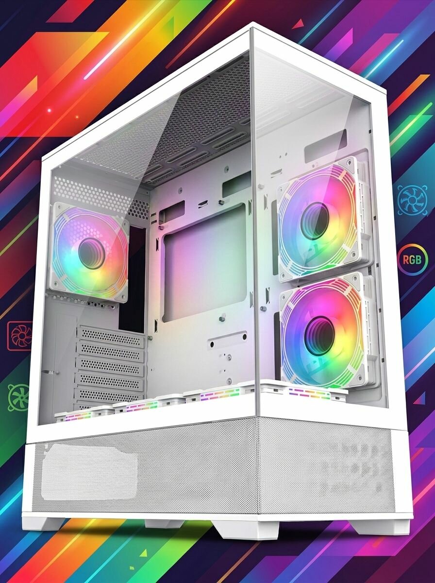 Корпус для ПК GAMEMAX Vista AW White Midi-Tower, E-ATX, закаленное стекло, 6*120мм ARGB+контроллер, пульт, без БП. Товар уцененный