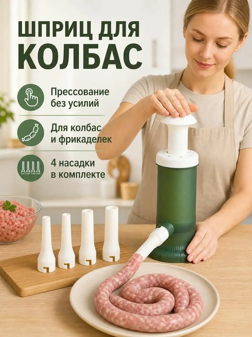 Шприц колбасный, насадок: 4 шт