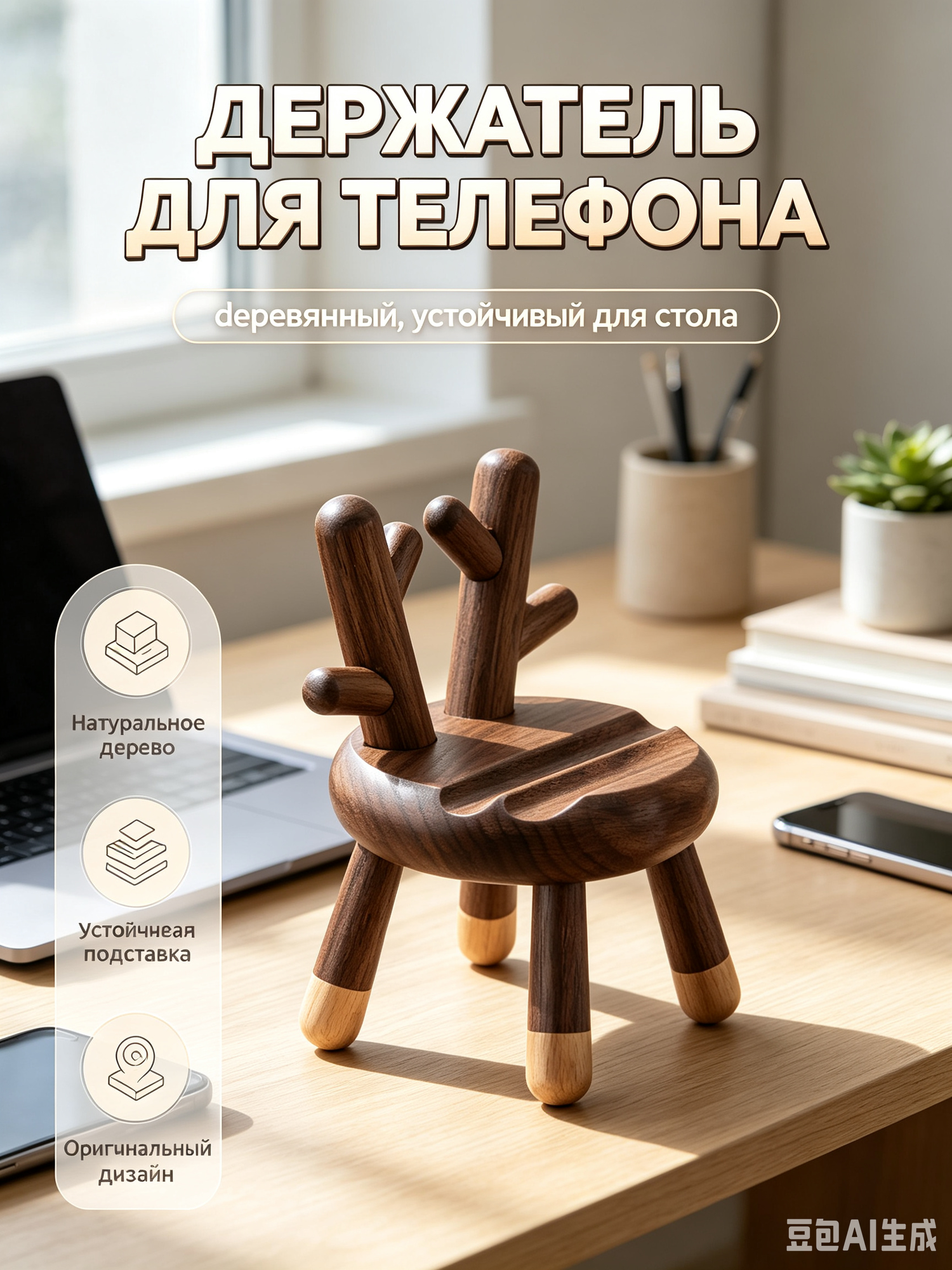 Табурет-подставка для телефона, выполненный из черного ореха, симпатичный и креативный