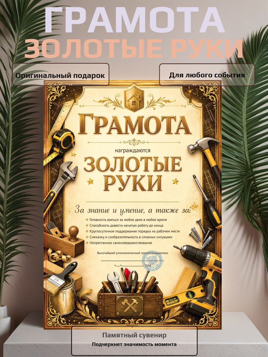 Грамота открытка для награждения "Золотые руки", в подарок А4