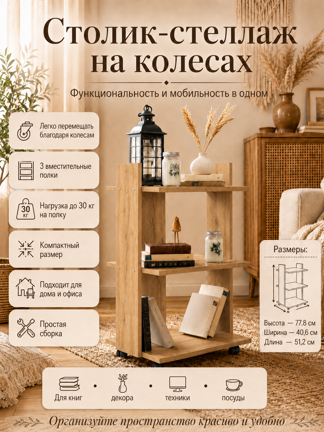 Столик-стеллаж на колесах с тремя полками