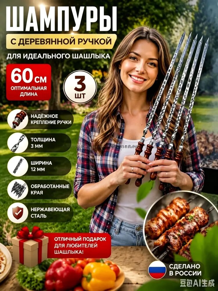 Шампур плоский 60 см 3 шт нержавеющая сталь