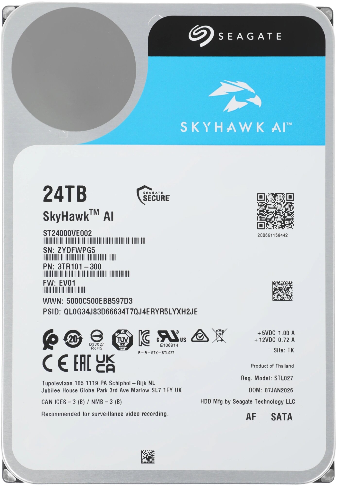 Жесткий диск Seagate SATA-III 24TB ST24000VE002 SkyHawkAI 512E (7200rpm) 512Mb 3.5