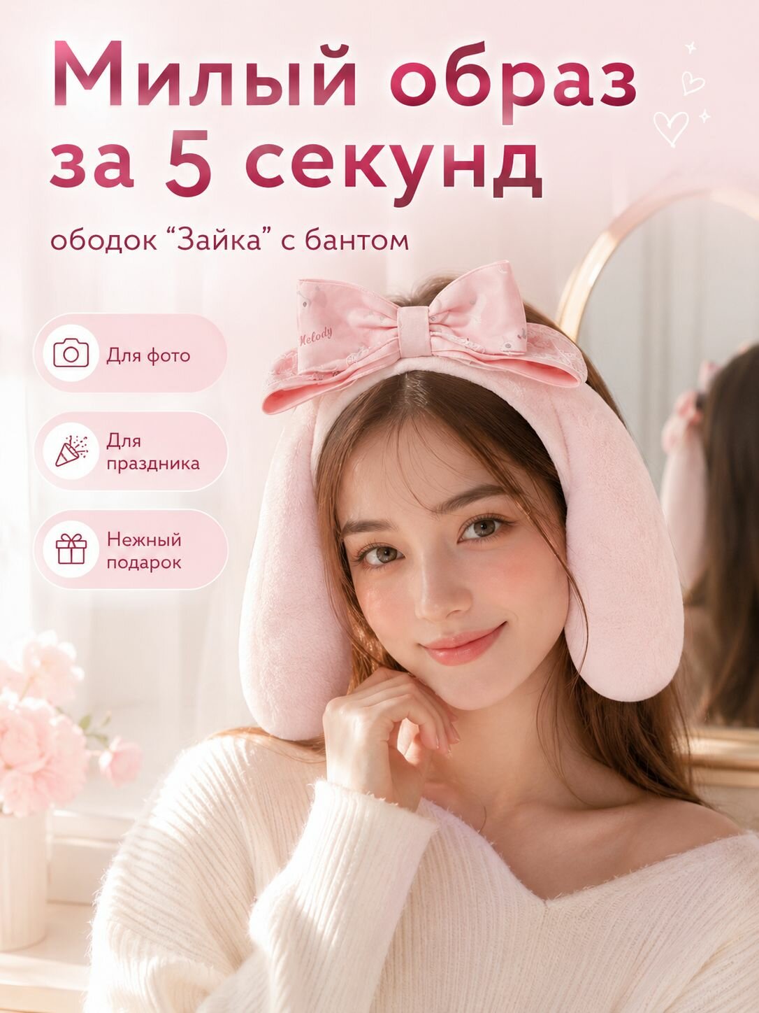 Ободок Зайка розовый с ушками и бантом, мягкий аксессуар для волос, ободок с заячьими ушками для фото, праздника, вечеринки, костюма и подарка