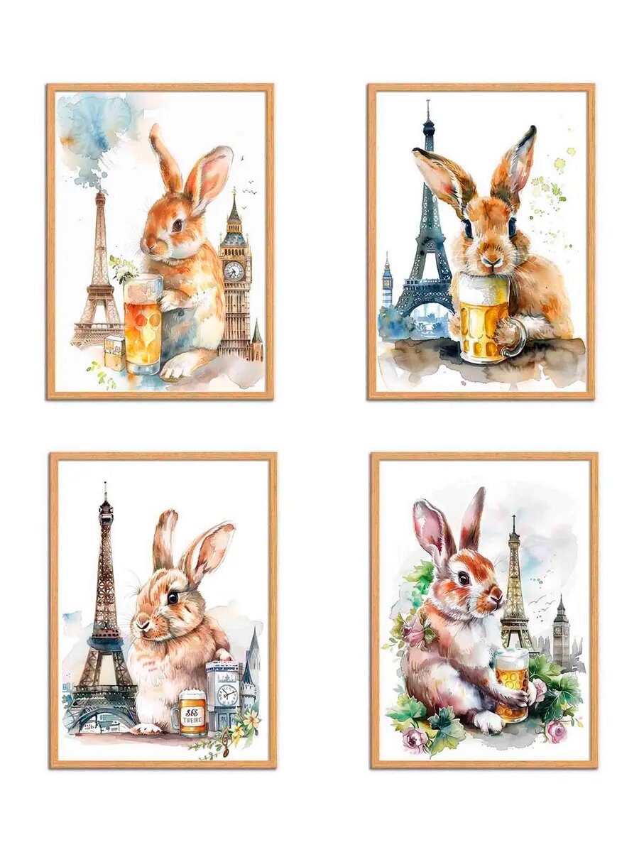 Домашний кролик Пьет Пиво, 4 Плаката, 30x21см