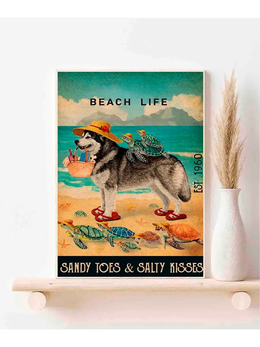 Аляскинский маламут, Beach Life 1960, Плакат 30x42см