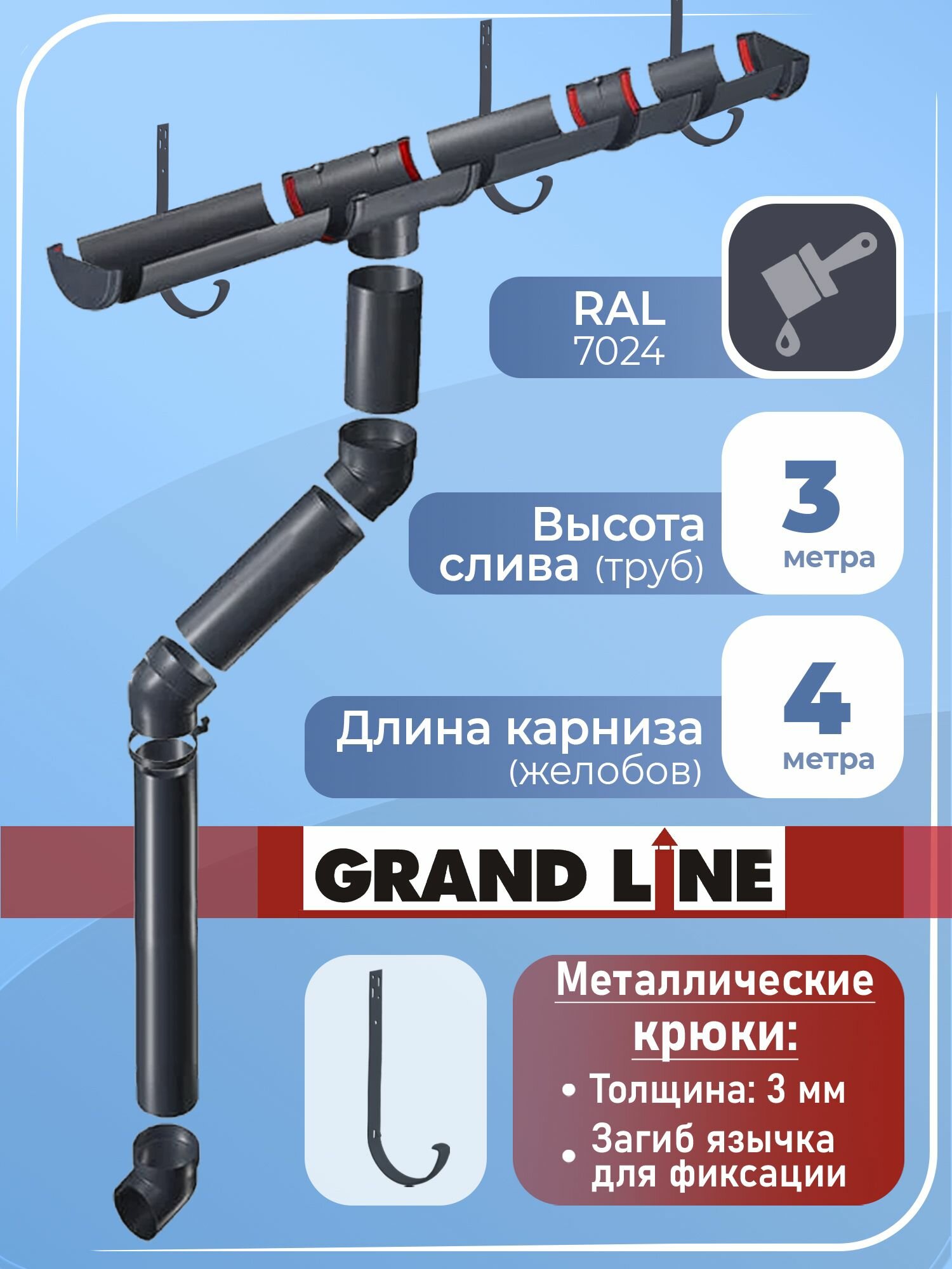 Водосточная система Grand Line 4 м ( 1,5 м+1 м ) металлические кронштейны графит RAL 7024 , водосток для крыши пластиковый Гранд Лайн ( 120 мм / 90 мм ) комплект элементов ПВХ