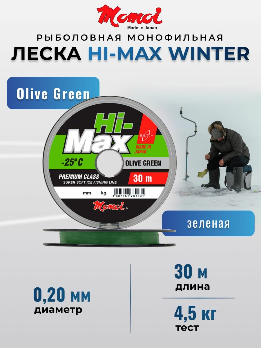 Японская Леска для рыбалки Momoi Hi-Max Winter Olive Green 0,20 мм, 4,5 кг, 30 м, для зимней рыбалки на Спиннинг, зеленая 1 шт