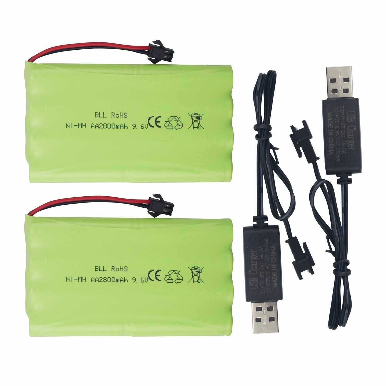2 аккумуляторов AA 9.6V 2800 мАч с разъемом SM и 2 зарядными кабелями USB для дистанционно управляемых игрушечных автомобилей, грузовиков, танков, строительной техники и игрушечных лодок для радиоуправляемых игрушек для пультовых машинок ак