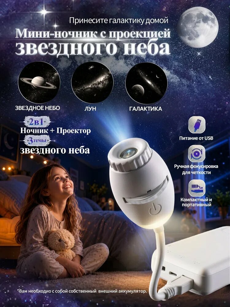 Мини-ночник проектор звездного неба 2в1, 3 темы, с ручной фокусировкой и питанием от USB