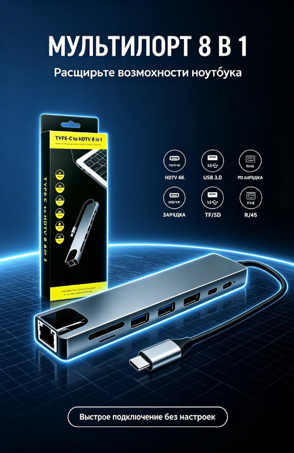 USB‑концентратор Type‑C 8‑в‑1, хаб с портами HDMI 4K, RJ45, USB‑А, PD 87W, слот SD‑TF для ноутбука
