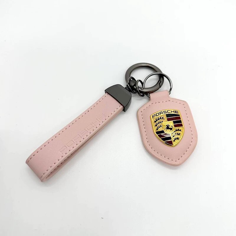 Кожаный брелок для Porsche Cayenne Macan Panamera 718 911, розовый автомобильный брелок с щитом, премиум-аксессуар