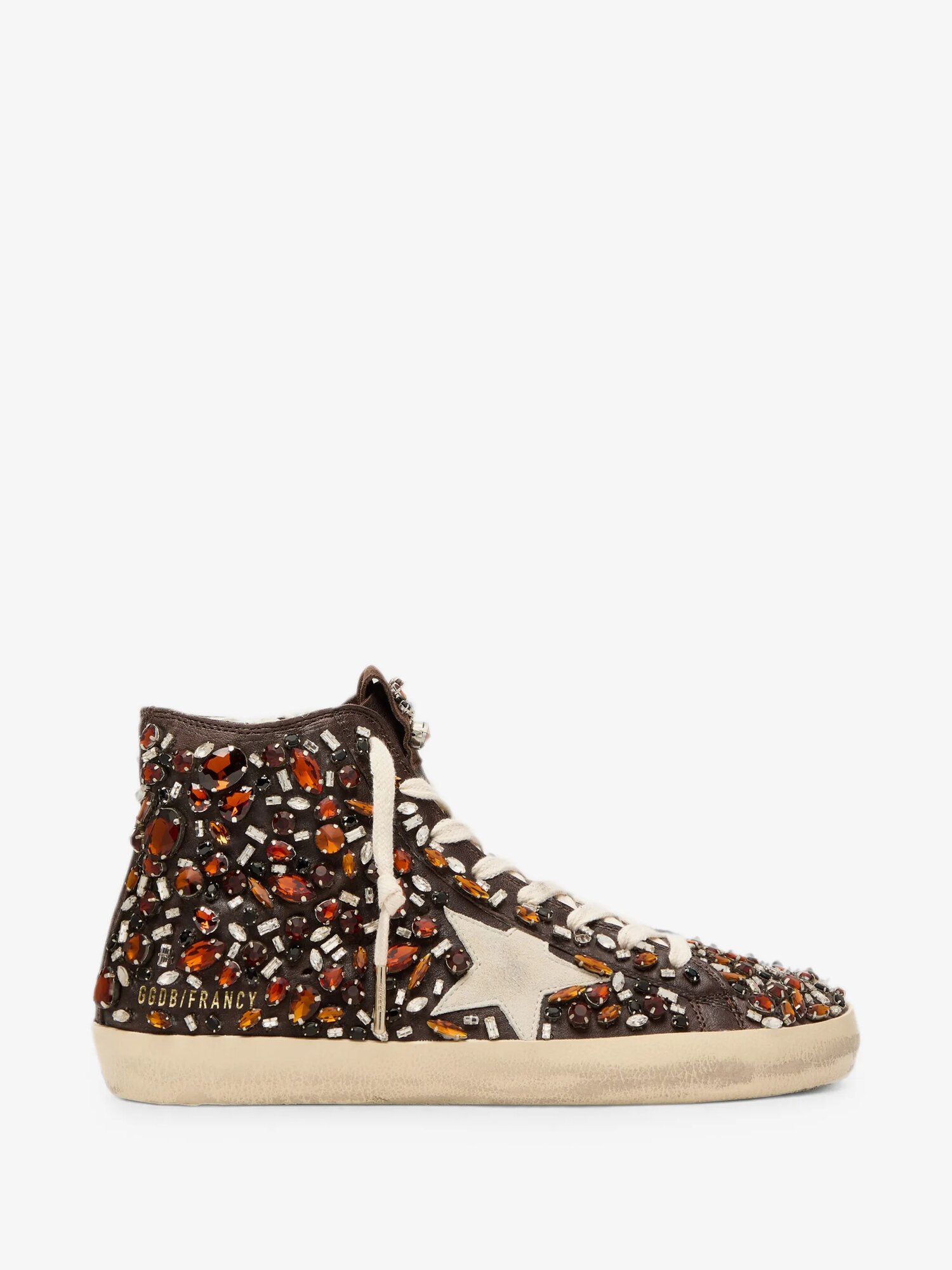 Кроссовки Francy in dark brown leather with multicolor rhinestones and white suede star
