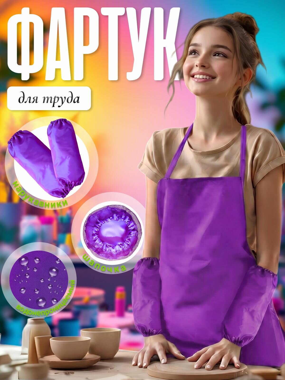 Фартук с нарукавниками и шапочкой для рисования и труда, передник для творчества и изо для мальчика и девочки, 74х52 см, сиреневый, AХLER для детей для школы
