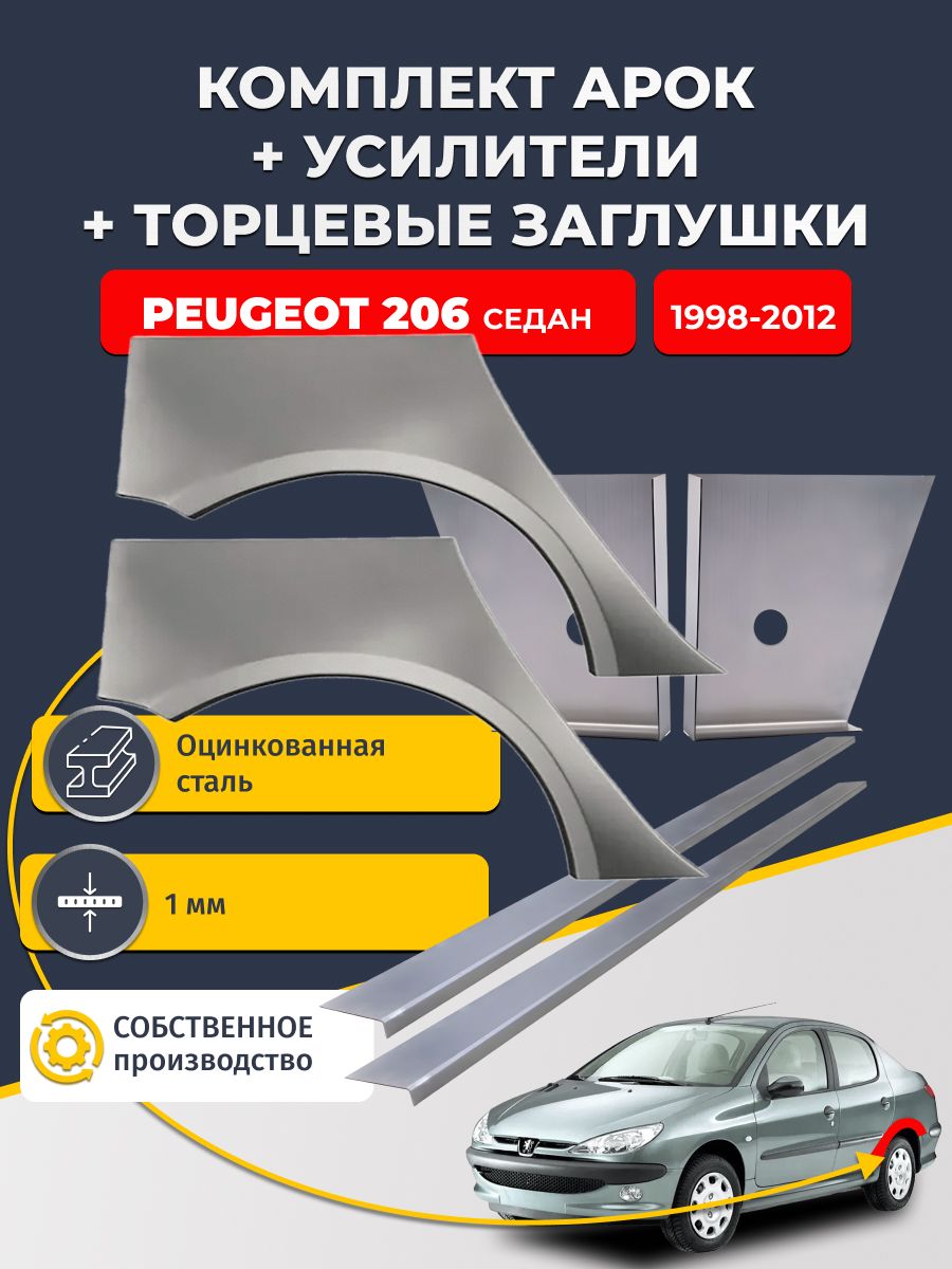 Комплект ремонтных задних арок (0,8 мм) + торцевые заглушки (1мм) + усилители (1 мм) на Peugeot 206 1998-2012 Седан (Пежо 206). Оцинкованная сталь