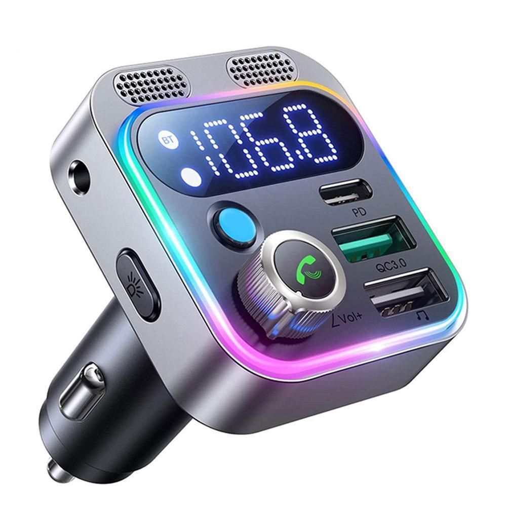 FM-передатчик Bluetooth 5.3, MP3-адаптер, зарядное устройство, гарнитура Handfree, два микрофона, 48 Вт, PD&QC3.0