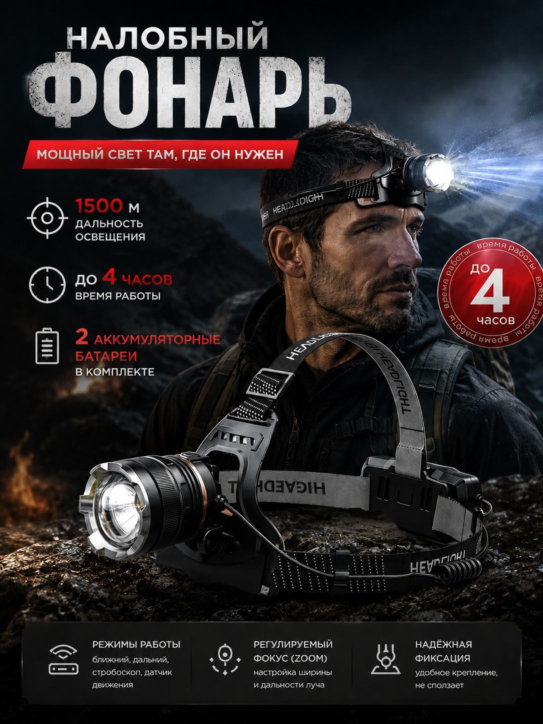 Фонарь налобный аккумуляторный с зарядкой