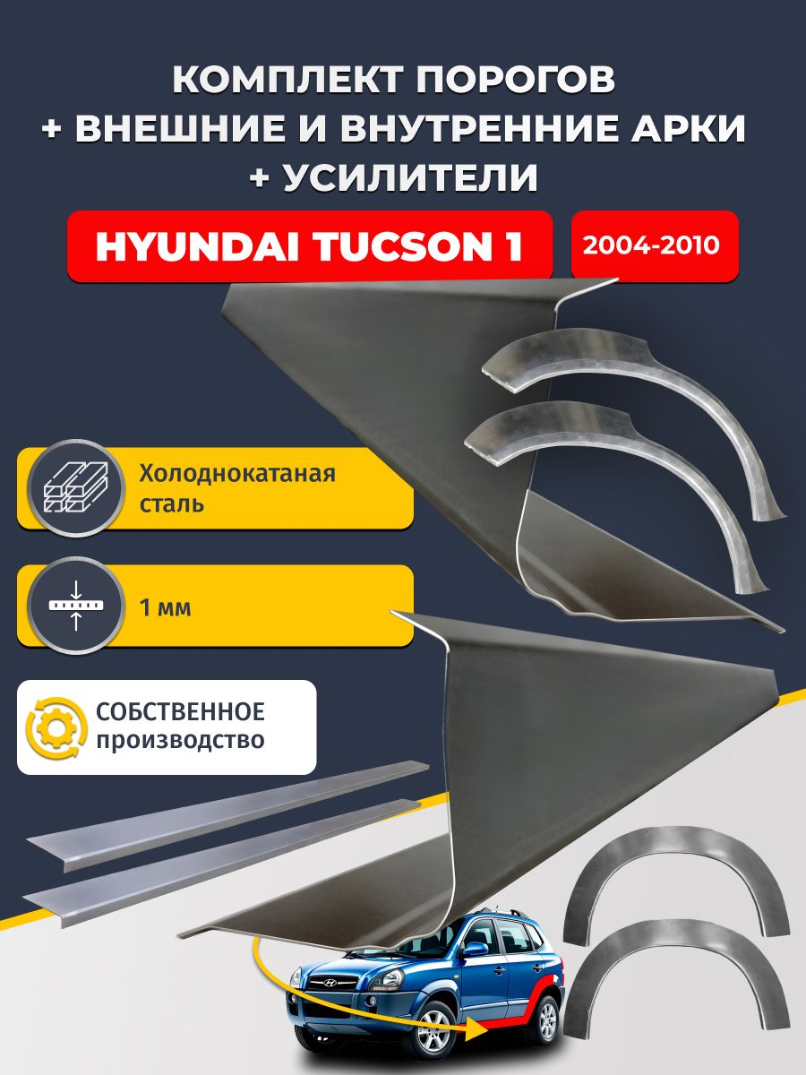 Комплект ремонтных задних внешних и внутренних арок (0,8 мм) + комплект порогов + усилители, на Hyundai Tucson 1 2004-2010 (Хендай Туксон) Холоднокатаная сталь 1 мм