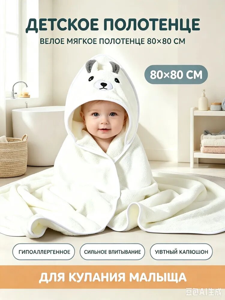 Полотенце детское 80x81 см, махровая ткань, бежевый, 1 шт