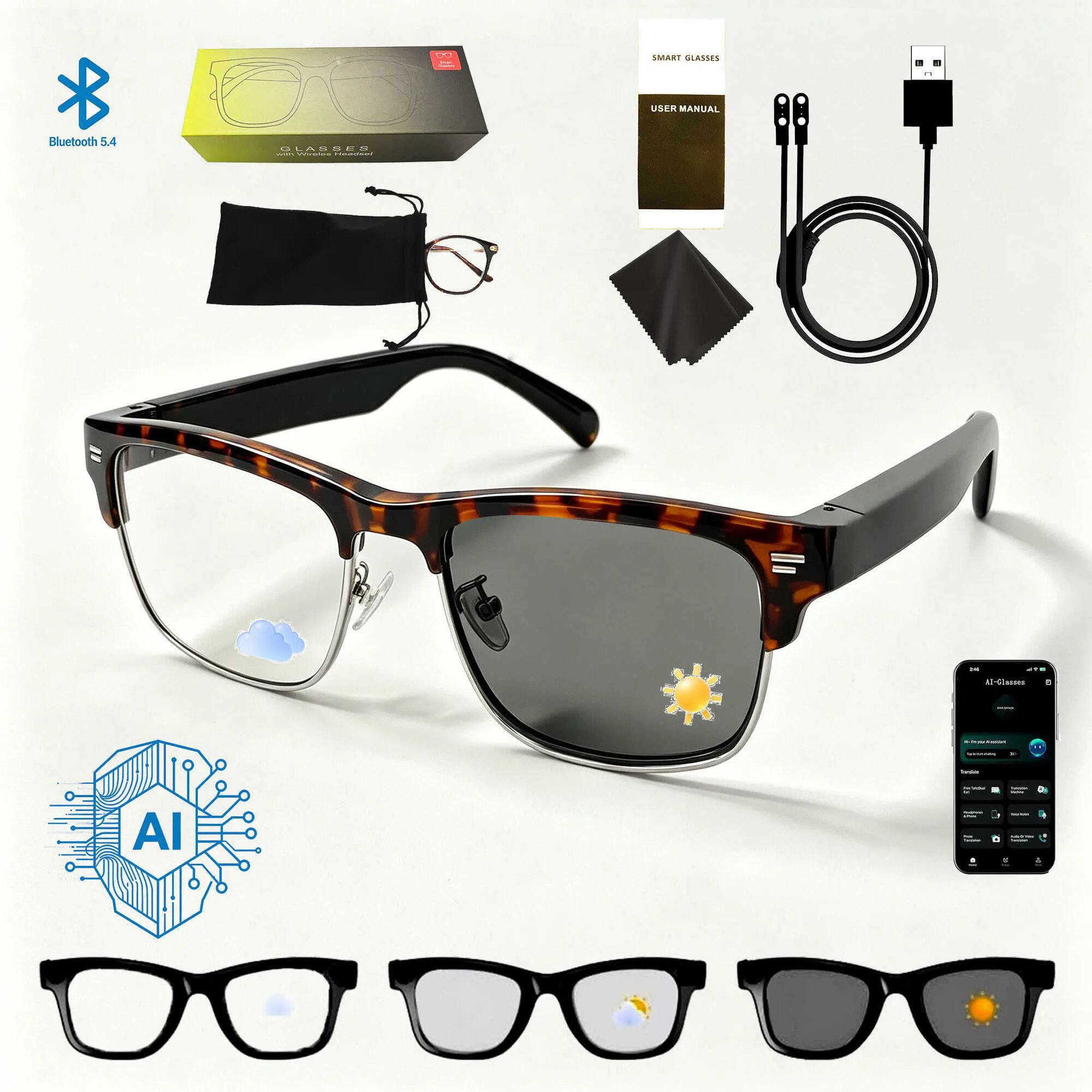 Bluetooth-очки фотохромные Smart Glasses AI Glasses YX01RS B
