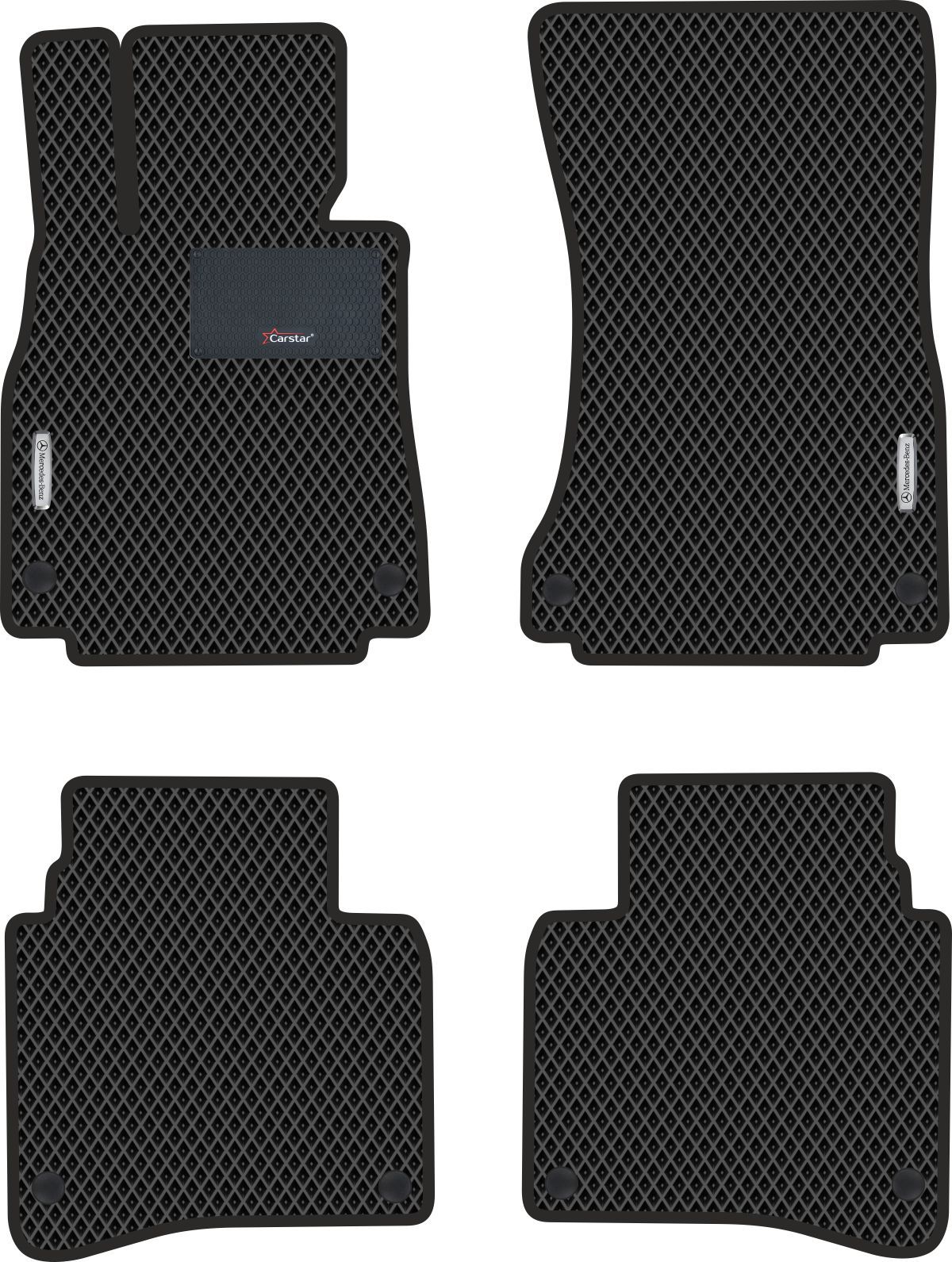 Автомобильные коврики EVA для Mercedes-Benz S-klasse VI W222 Long (2013-2020), с каучуковым подпятником и 2 эмблемами Mercedes-Benz, чёрные с чёрным кантом, ячейка - ромб
