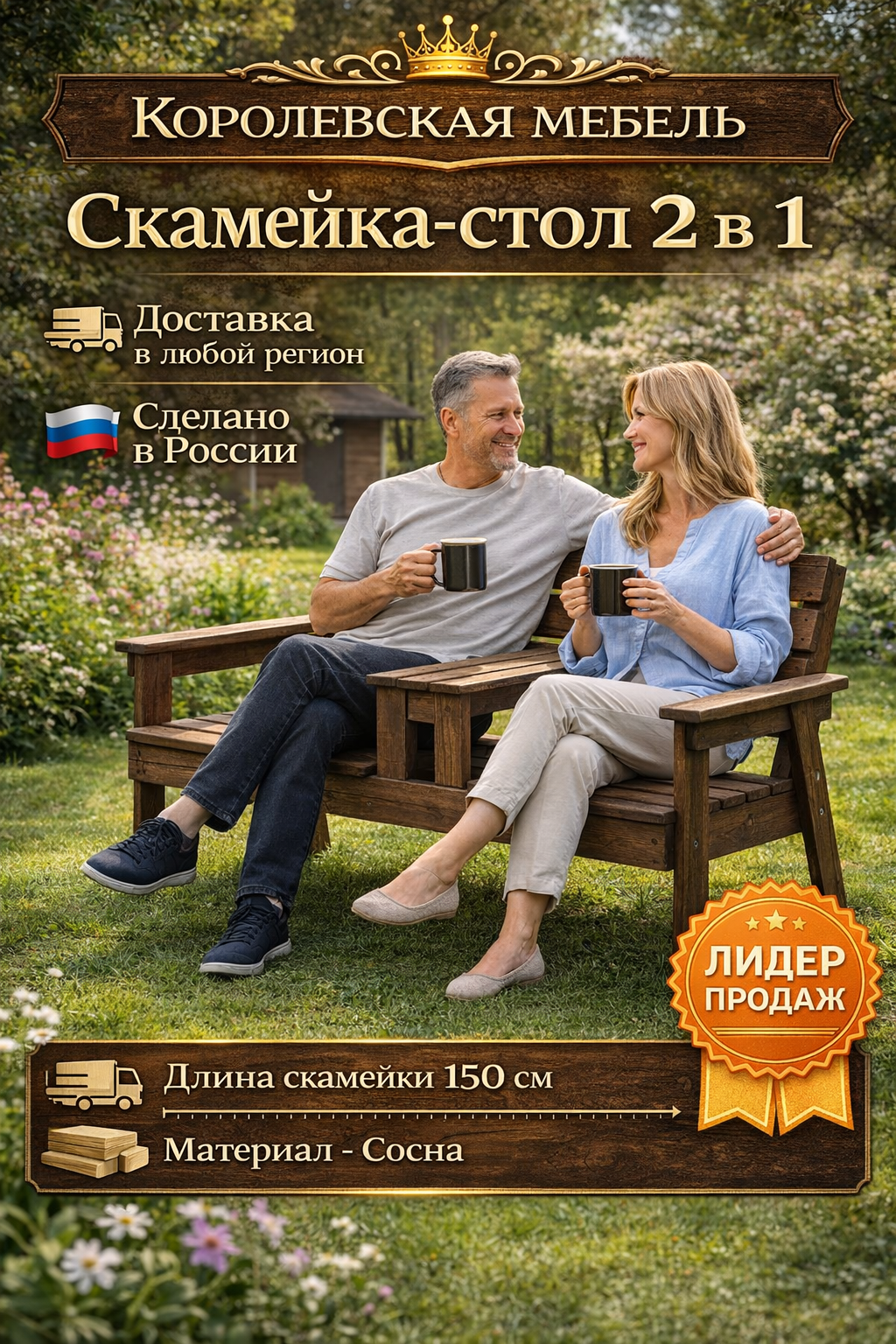 Лавка-стол трансформер 2 в 1 садовая 150 см из сосны, деревянная скамейка со столом для дачи и сада