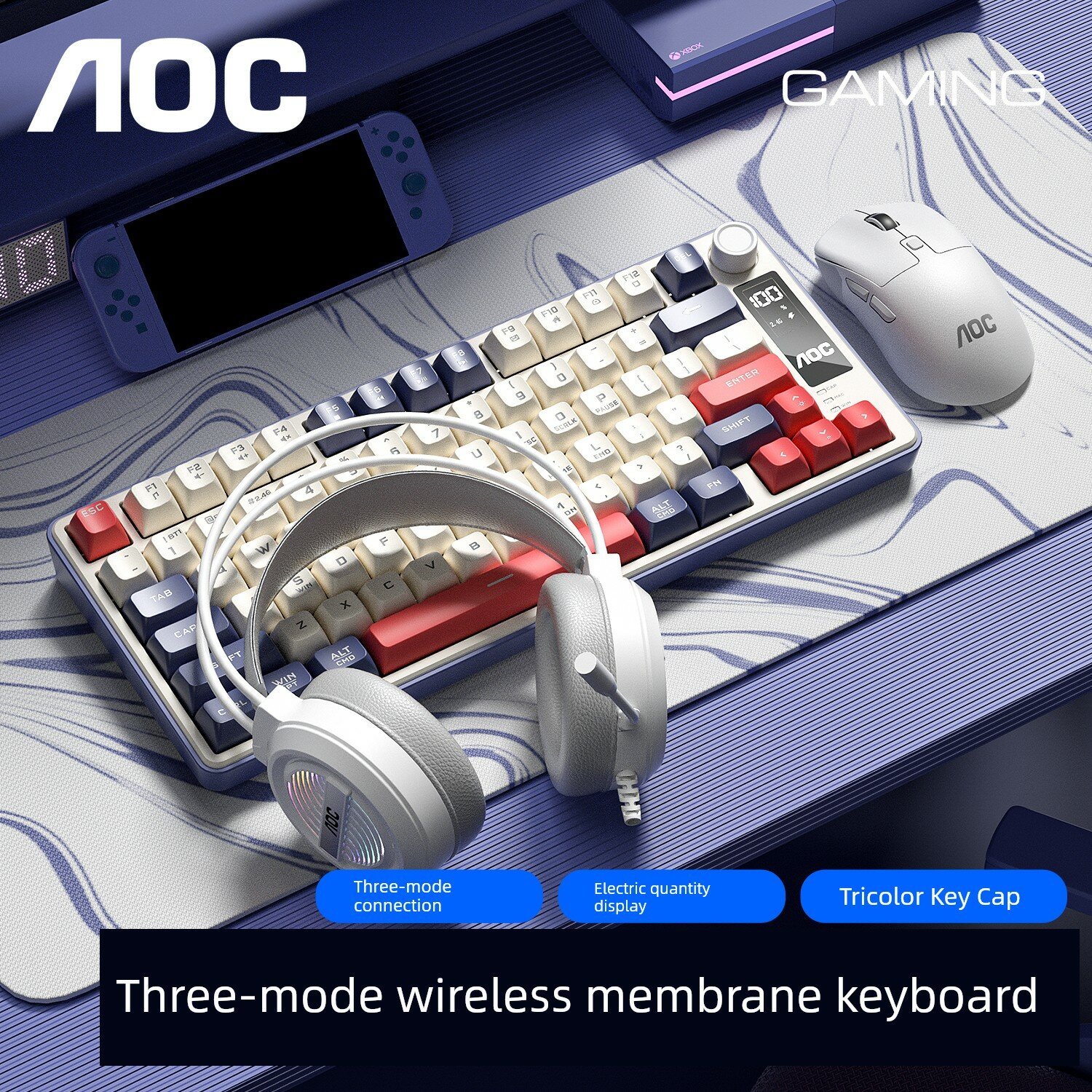 AOC GK300 беспроводная клавиатура и мышь с проводным наушником, цвет Мечтательный синий