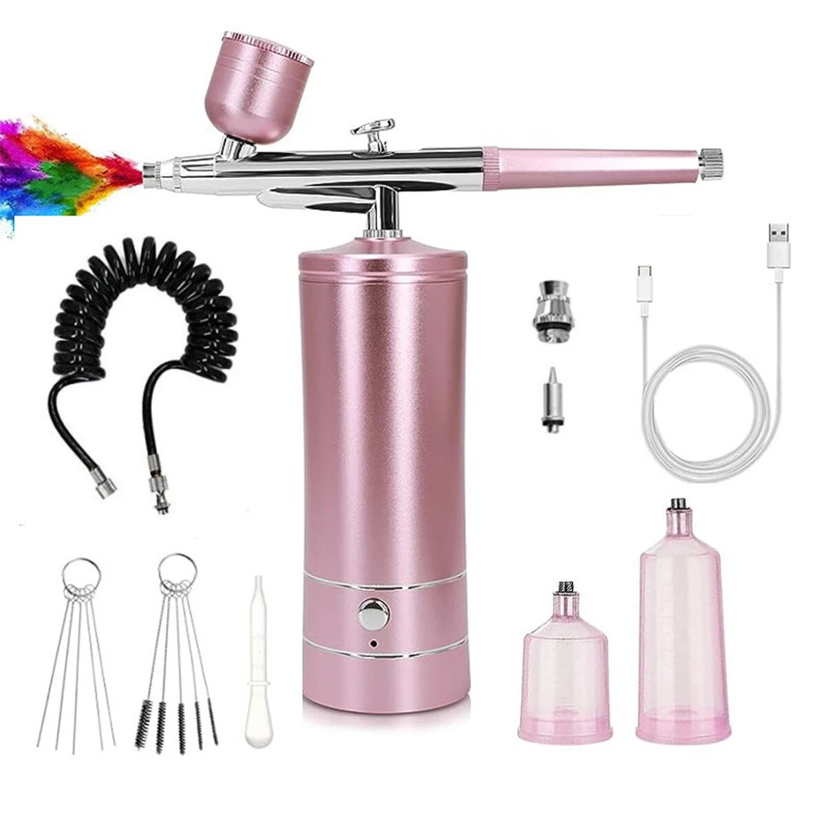 Набор: аэрограф черный, компрессор, 3 бачка для краски, пипетка, набор мундштуков, кабель Type-C, шланг, Розовый