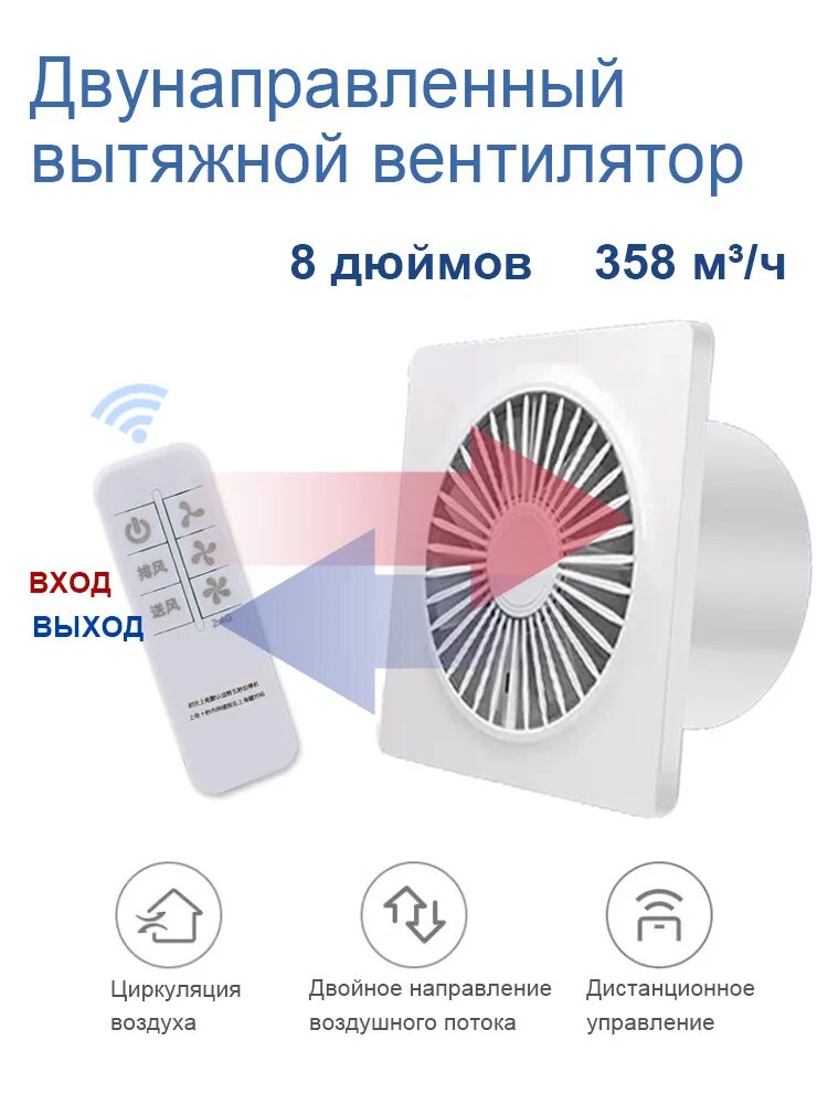 Двунаправленный квадратный вытяжной вентилятор 8 дюймов 358 м /ч 3 скорости пульт бесшумный энергосберегающий настенно-оконный водонепроницаемый для кухни ванной белый