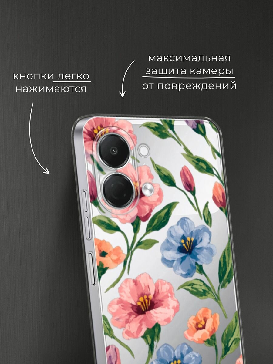 Чехол на Tecno Spark Go 3 / Текно Спарк Го 3 с принтом Акварельные цветы и бутоны, прозрачный — фото 1