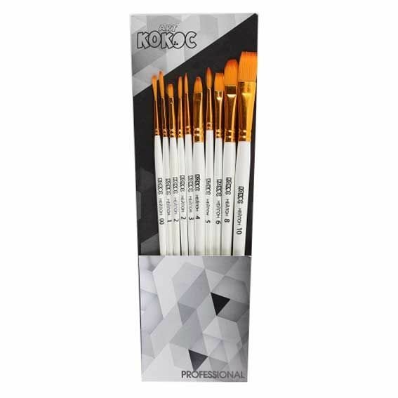 Художественные кисти кокос белые, нейлон линер №00,1, круглые №2, 3, 5, плоские №2, 6, 10, овальные №4, 8, 10 шт (241182)