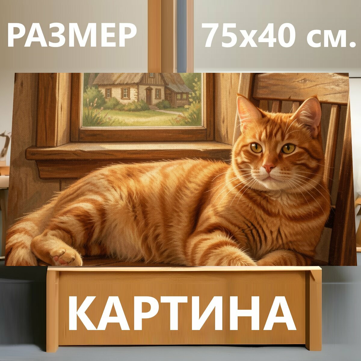 Картина на холсте "Рыжий кот в деревенском интерьере. Уютная сцена с полосатым питомцем, отдыхающим на деревянном стуле у окна. Тёплые." на подрамнике 75х40 см. для интерьера