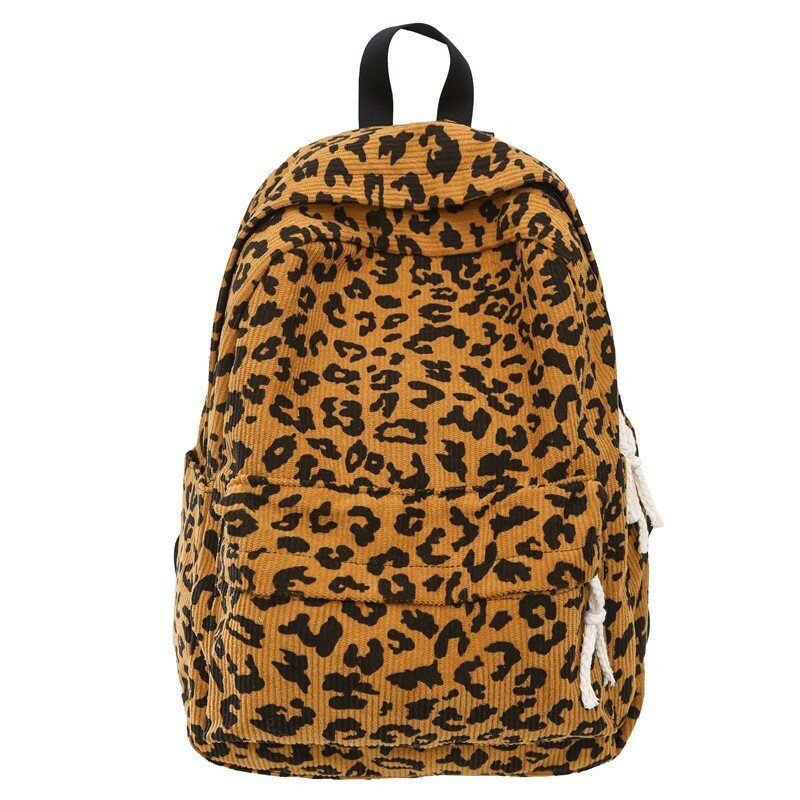 Backpack trendy leopard print cord with inner zipper and pouch for school and travel, brown